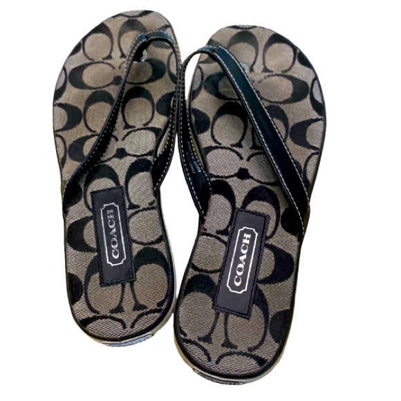 Coach | Shoes | Coach Sylvia Signature Logo Black Leather Flat Sandals ...